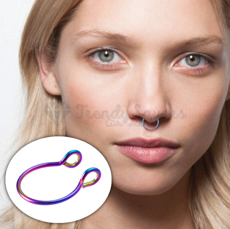 Rainbow Nose Clip On Ring Non-Piercing Fake Septum Helix Tragus Faux P ...